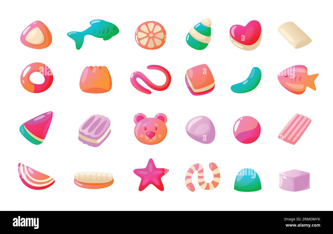 Chewing jelly candies. Cartoon colorful gummy bear sweets, kids chewing ...