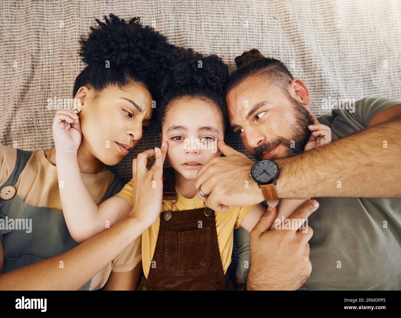 Love, comfort and parents with crying child on floor for empathy ...