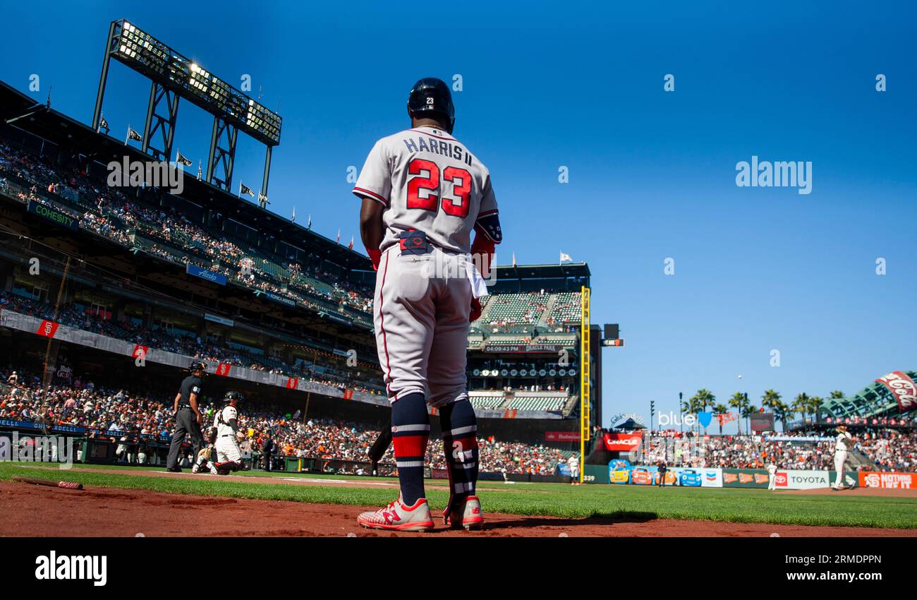 August 27 2023 San Francisco CA, U.S.A. Atlanta center fielder Michael ...