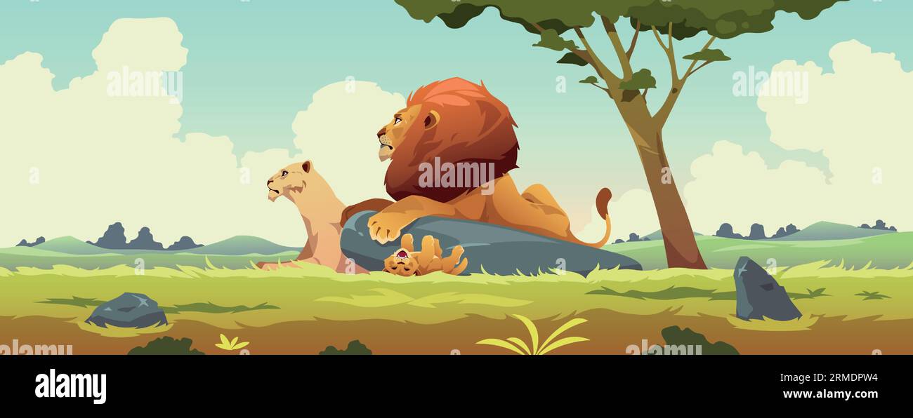 Lion family landscape. Cartoon wildlife background with lion cubs, king ...