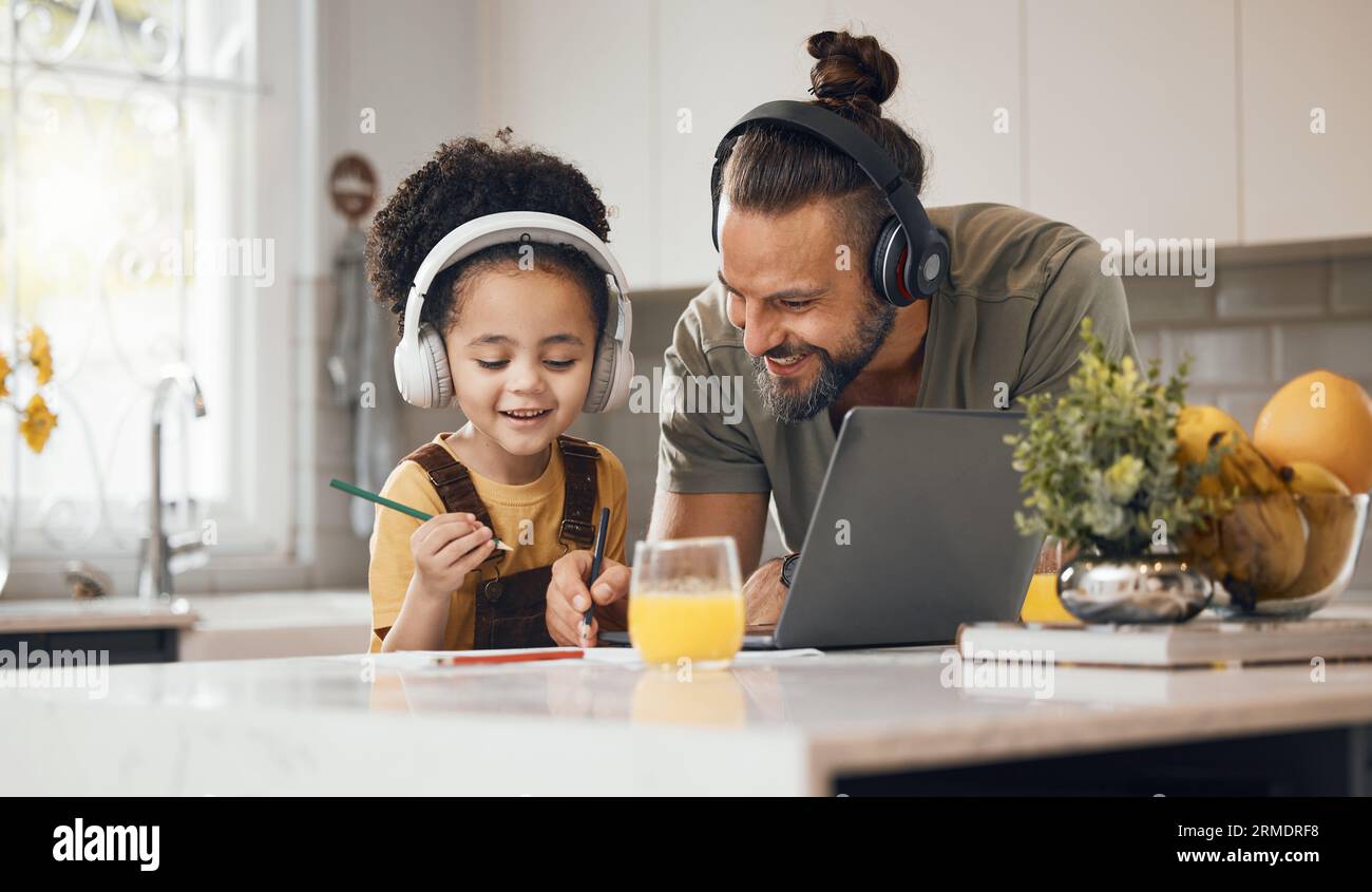 Elearning, dad and child in home with headphones, laptop and homework for online class. Computer ...