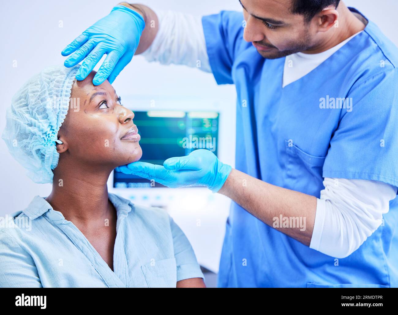 Black woman, patient and doctor, plastic surgery and check face, health ...