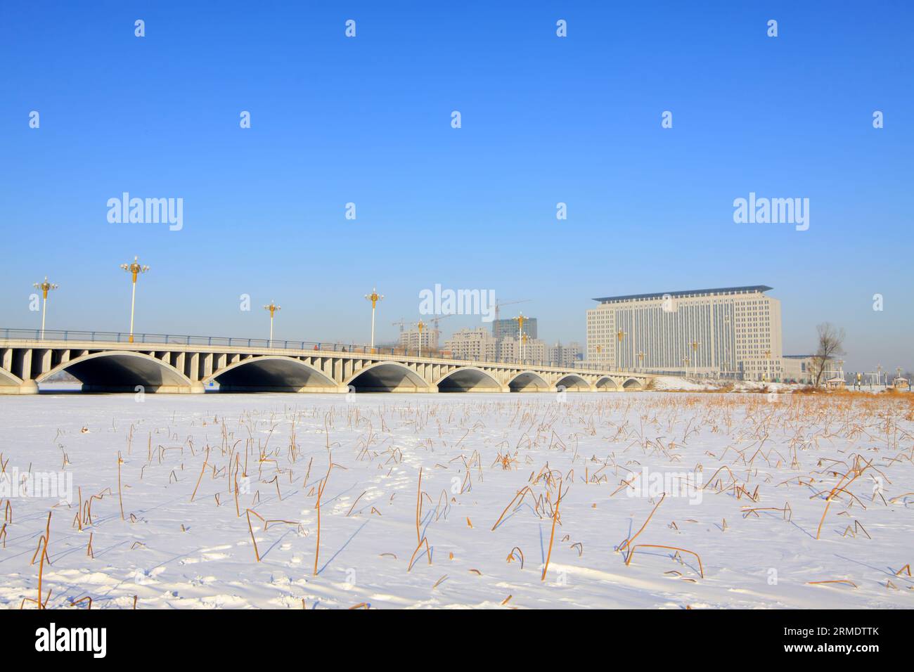 Highway bridge and building landscape in a small town, North China ...