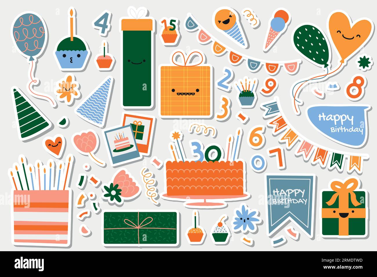 Birthday abstract stickers. Cartoon colorful decorative elements for ...