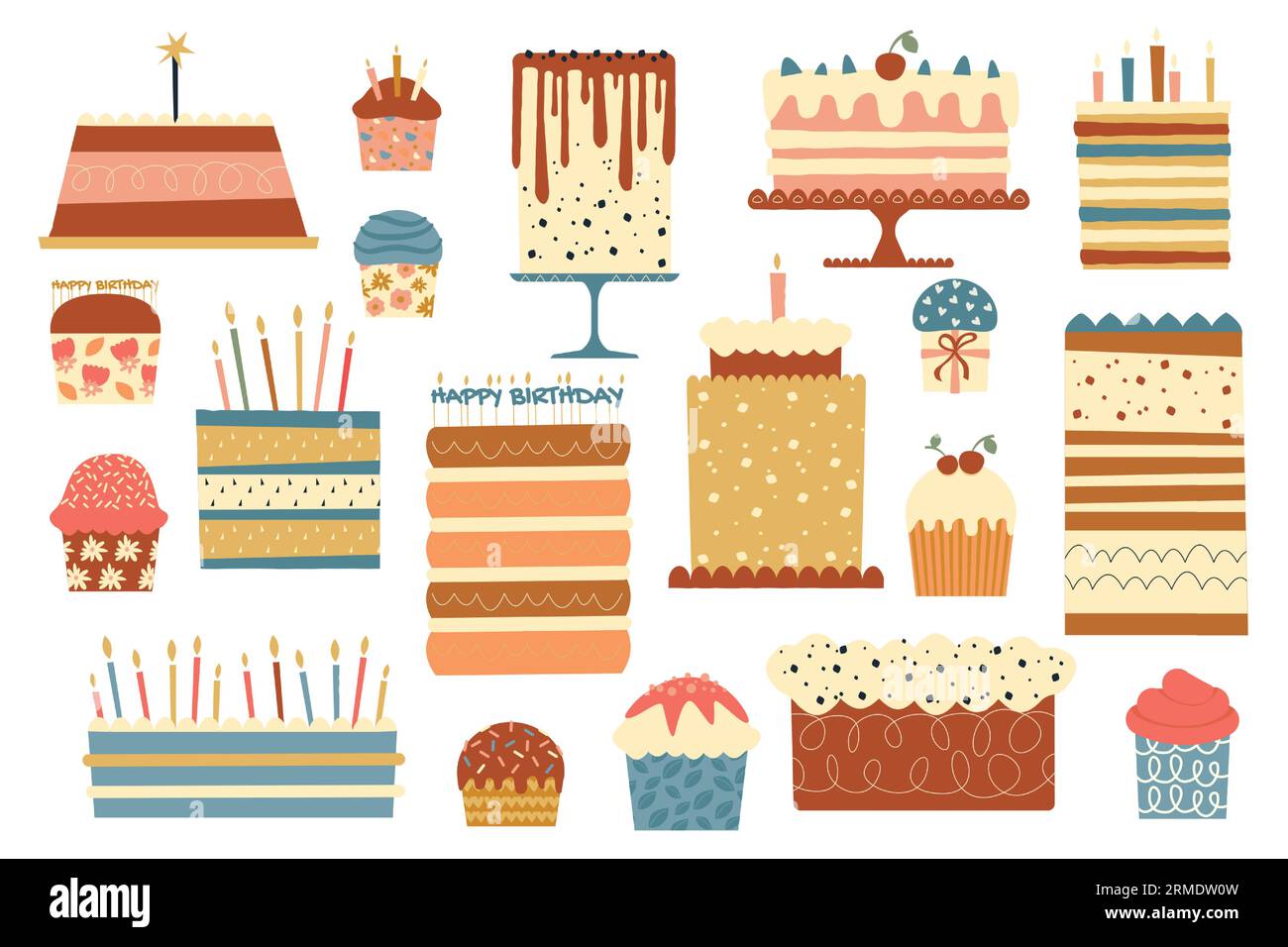 Birthday desserts. Cartoon sweet baked cake with cream and fruits ...