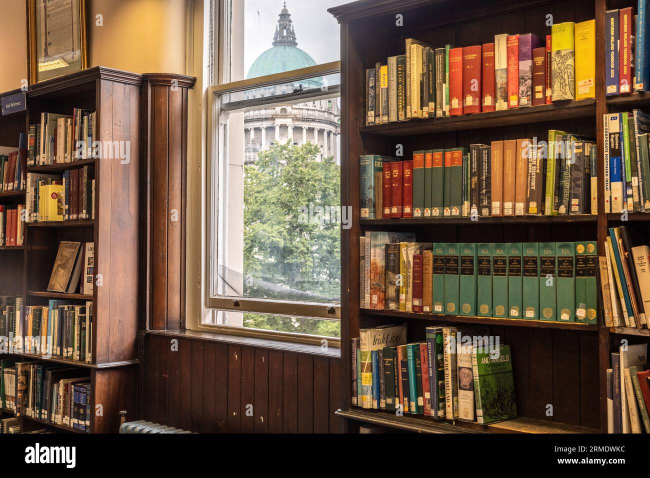 Book Shelves with Dome of City Hall, Linen Hall Library, Belfast ...