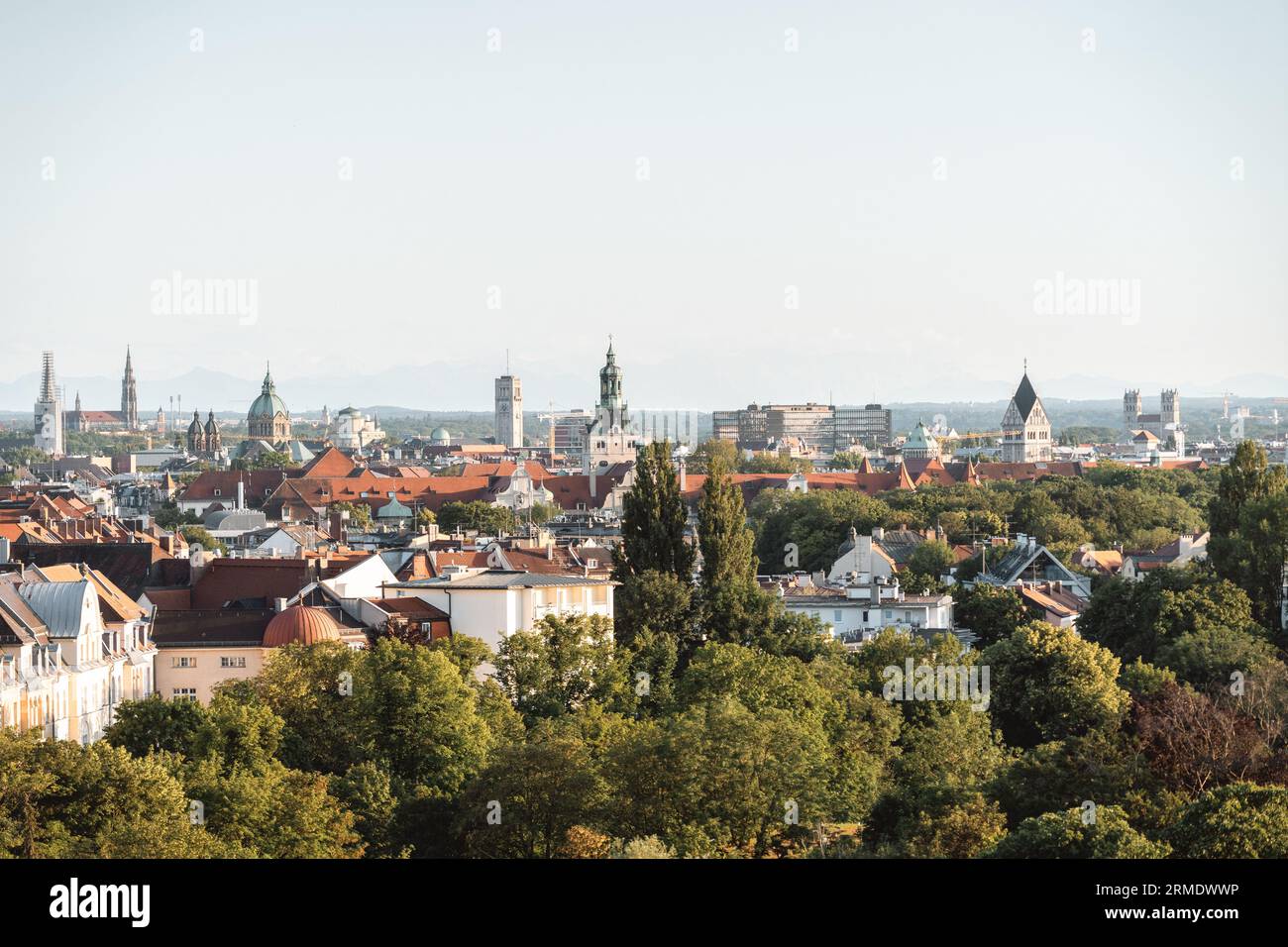 Skyline view of Munich with multiple sights, Alps in background Bavaria ...