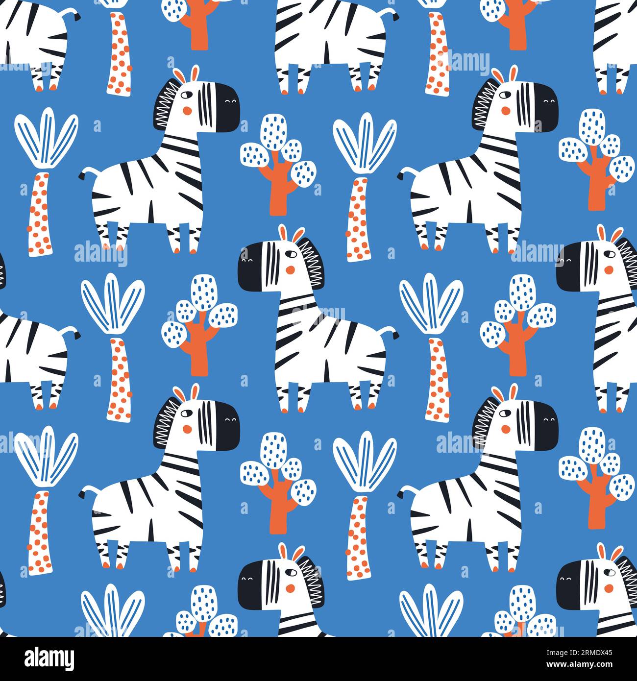 Childish seamless repeating simple flat pattern with zebras on a blue ...