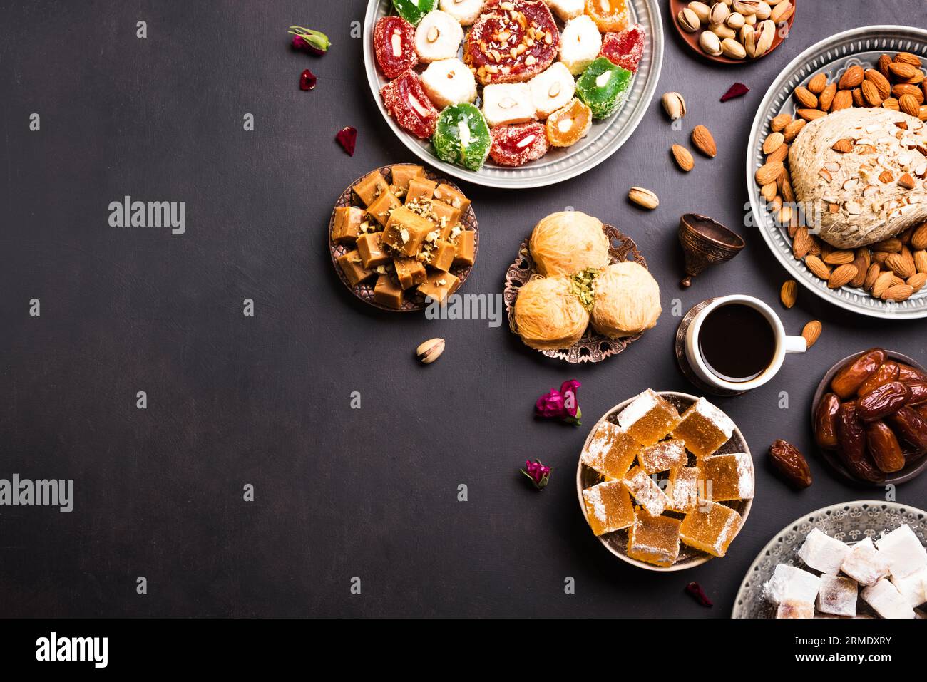 Middle Eastern Sweets, Turkish Delights and Black Coffee on black ...