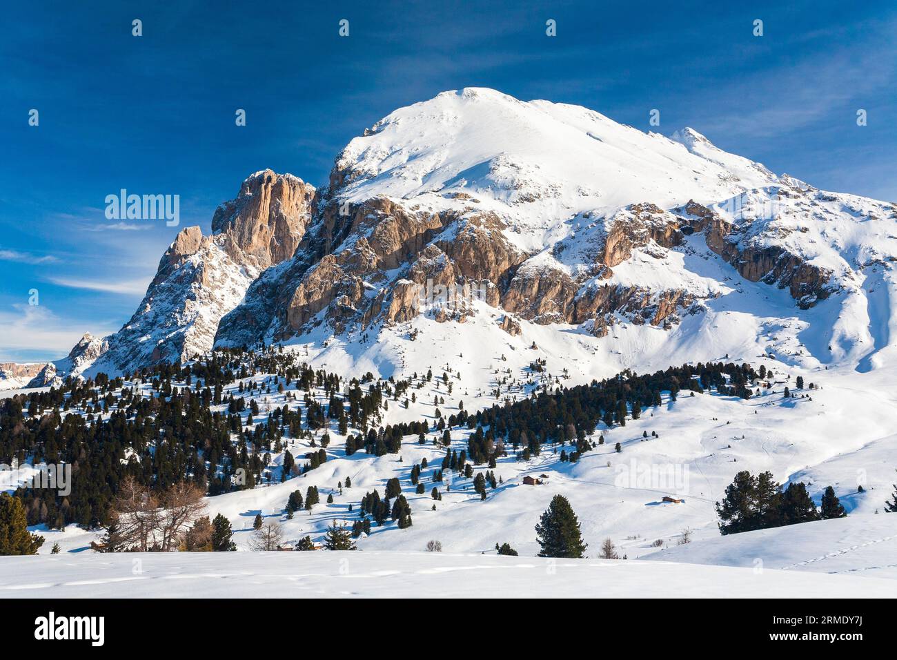 Snowy peak of Sassopiatto from Seiser Alm, Dolomites, Italy Stock Photo ...