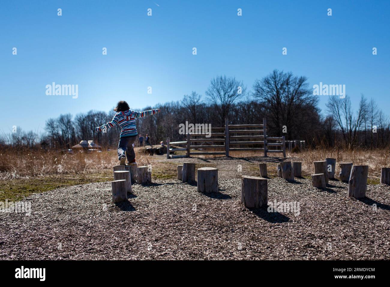 A child leaps across tree stumps in an outdoor obstacle course Stock ...