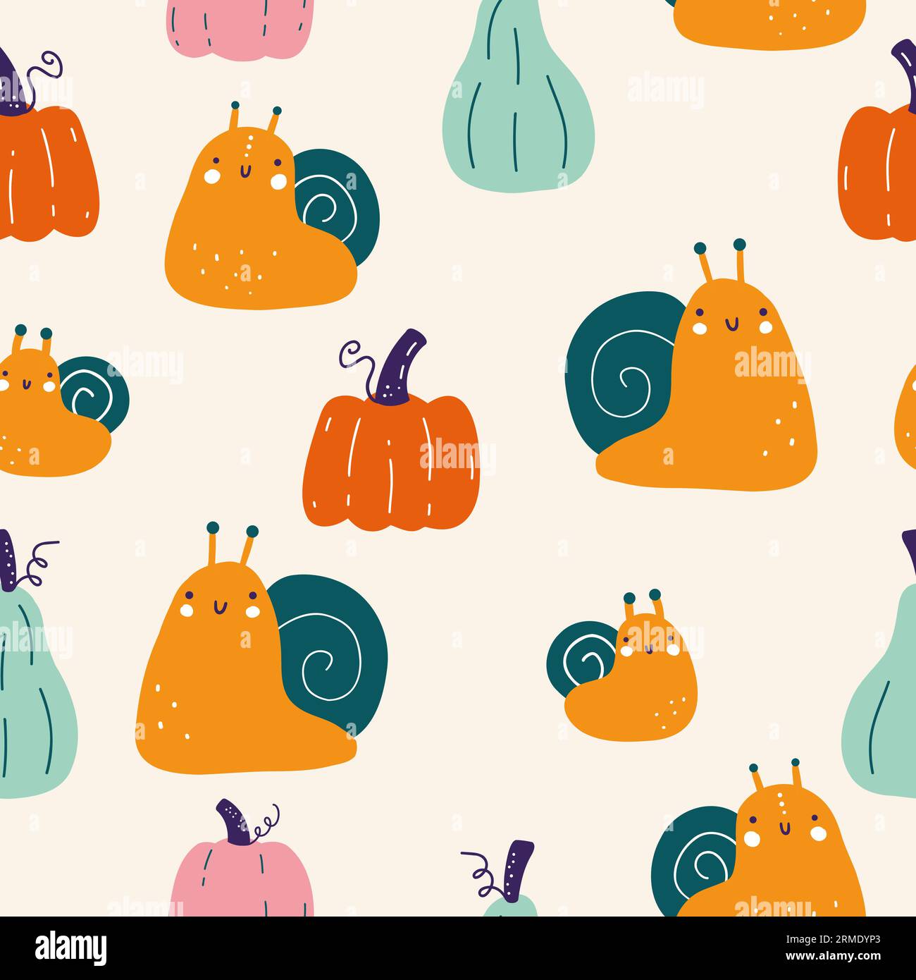 Seamless fall pattern with cute snail and pumpkins on white background ...
