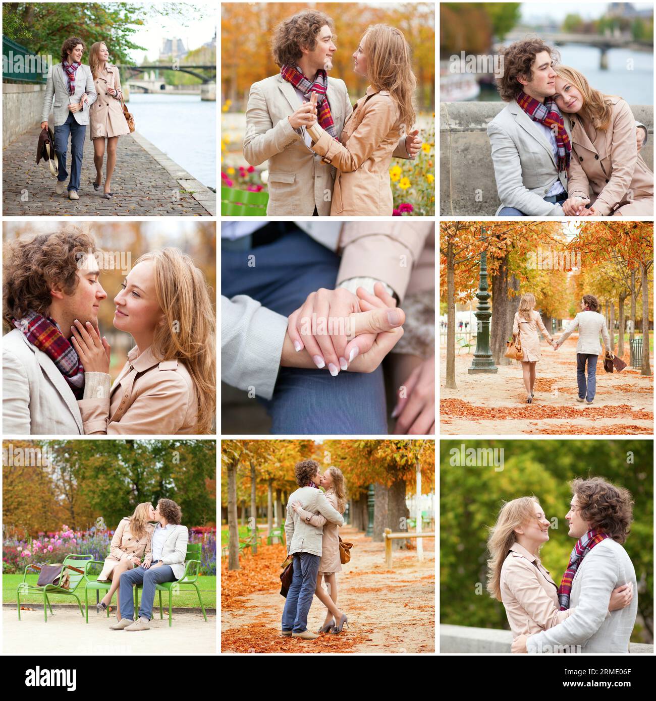 Collage with young romantic couple having a date, walking together in ...