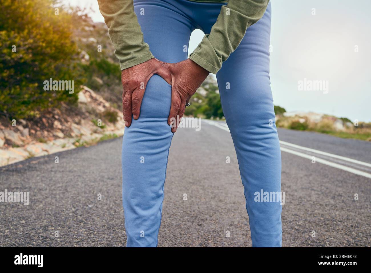 Knee pain, road and fitness of a senior person with massage and sport ...