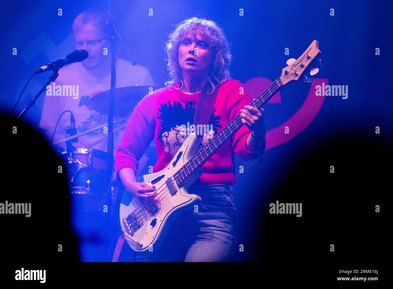Tilly Harris (bass) of Welsh band The Bug Club at Green Man Festival in ...