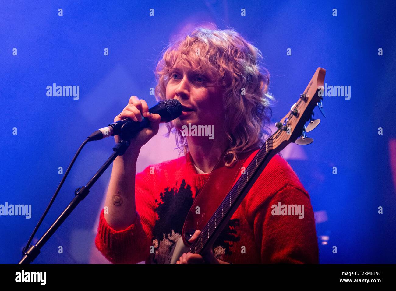 Tilly Harris (bass) of Welsh band The Bug Club at Green Man Festival in ...