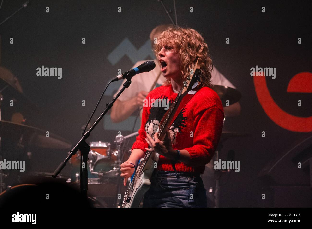 Tilly Harris (bass) of Welsh band The Bug Club at Green Man Festival in ...