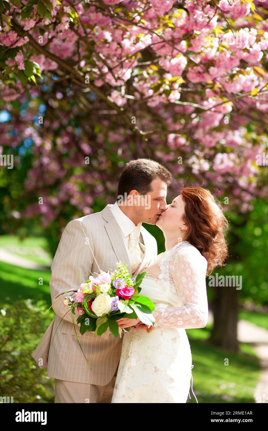 Just Married Couple Is Kissing Under Beautiful Blooming 2,295 Sensual