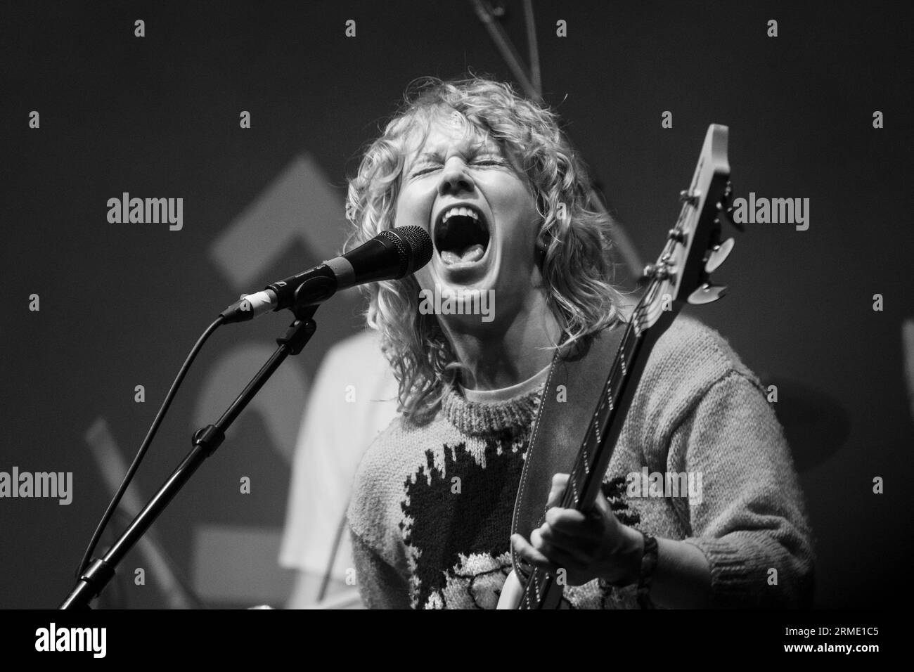 Tilly Harris (bass) of Welsh band The Bug Club at Green Man Festival in ...