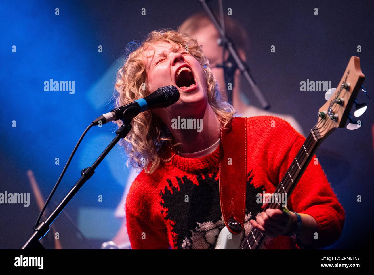 Tilly Harris (bass) of Welsh band The Bug Club at Green Man Festival in ...