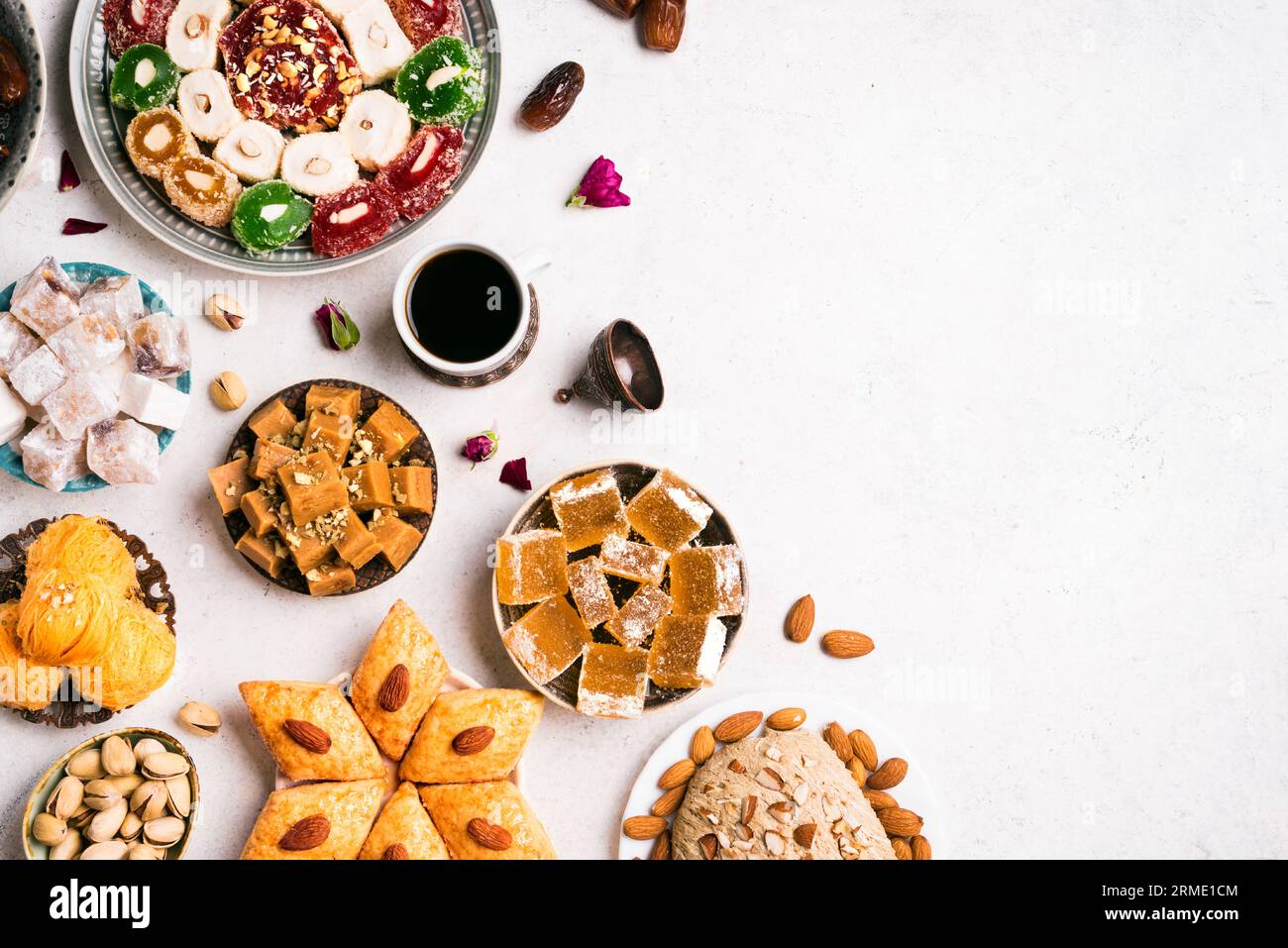 Middle Eastern Sweets, Turkish Delights and Coffee on white background ...