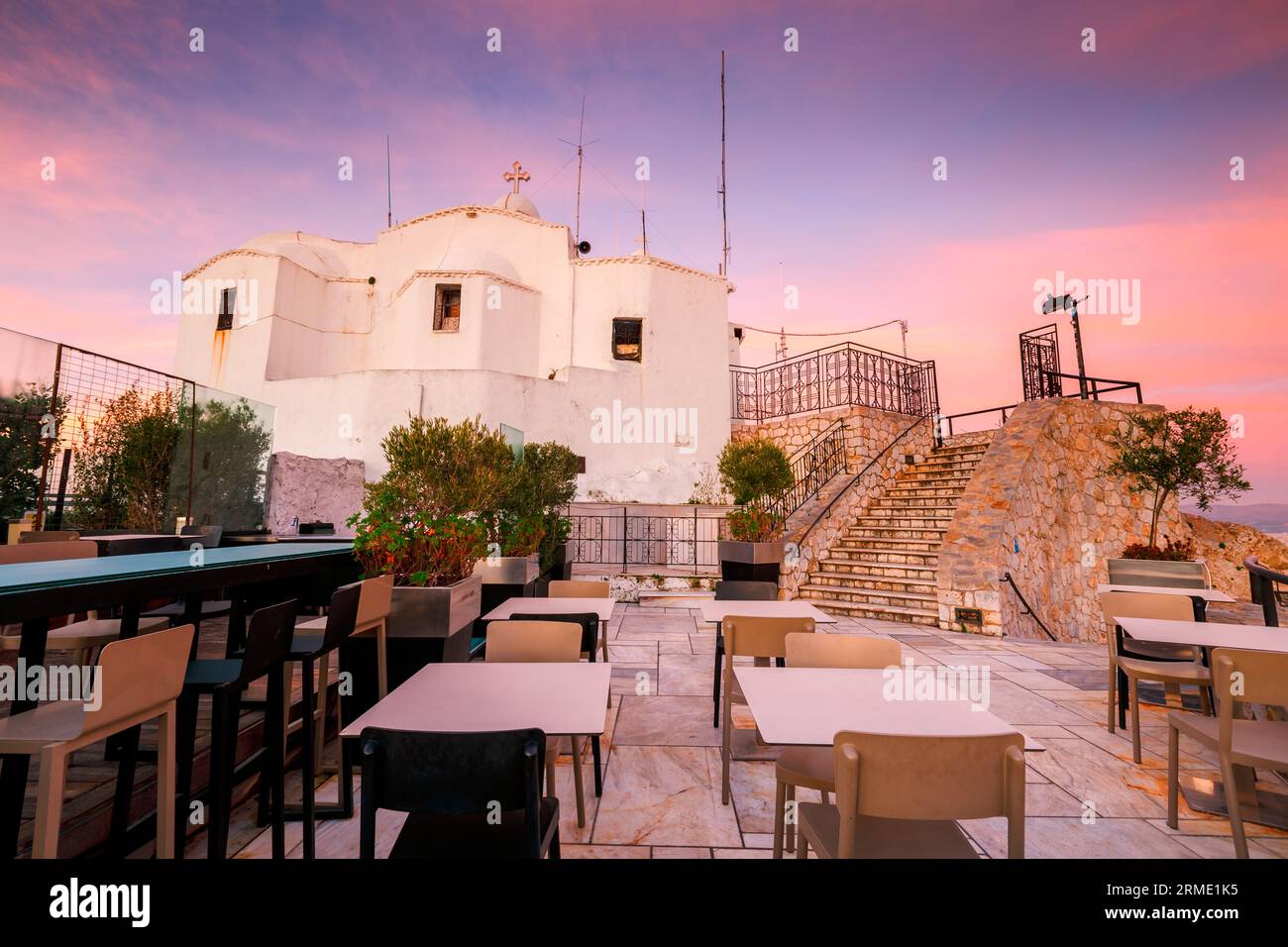 Restaurant and 19th century Chapel of St. George on Lycabettus hill ...