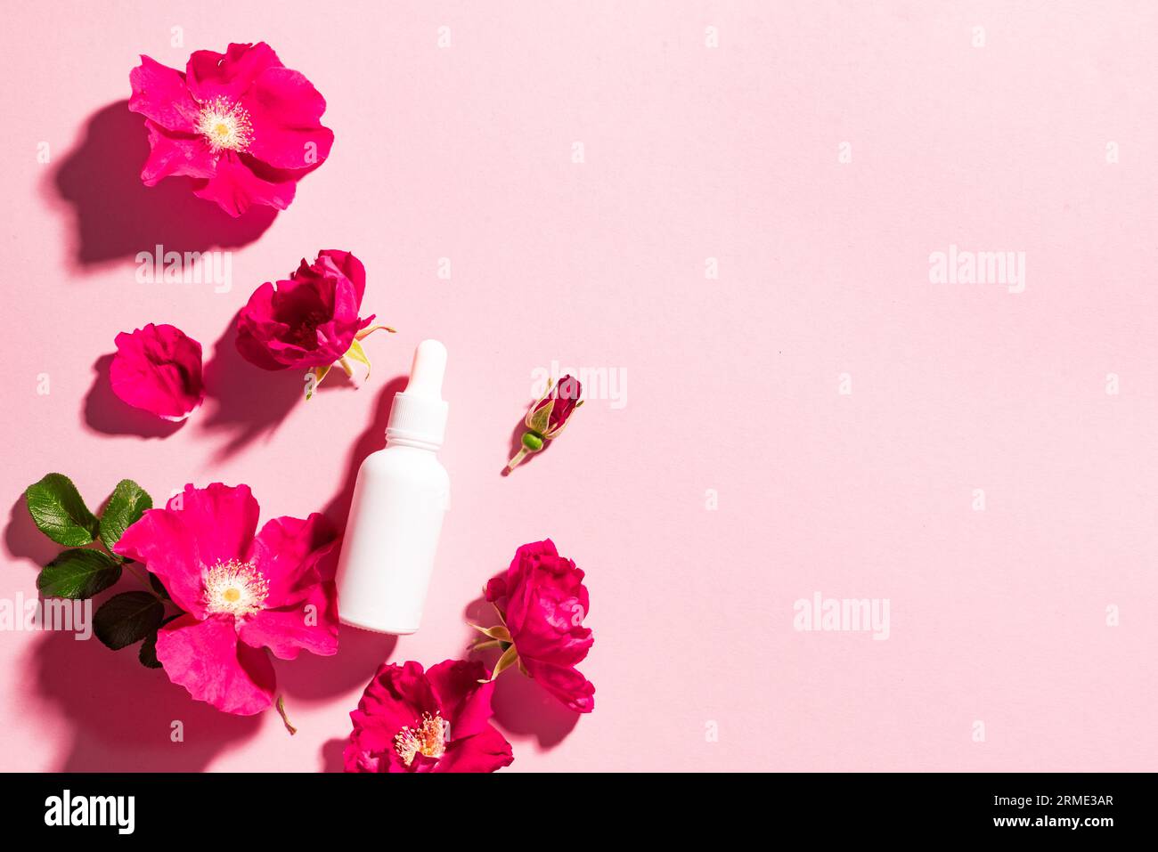 White cosmetic serum bottle with dropper, wild rose flowers on pink ...