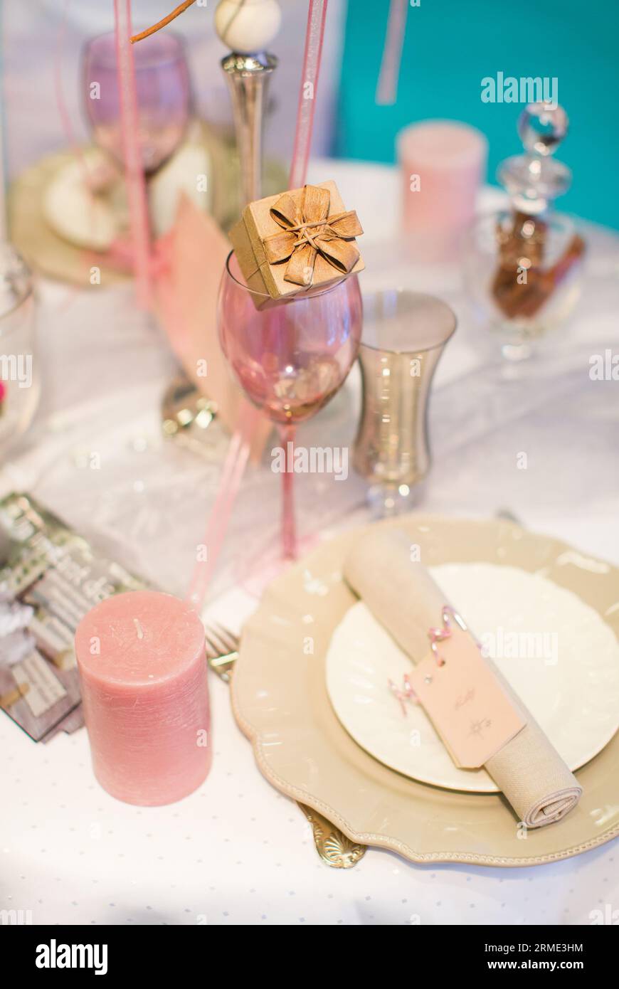 Table set for an event with a compliment for guests Stock Photo - Alamy