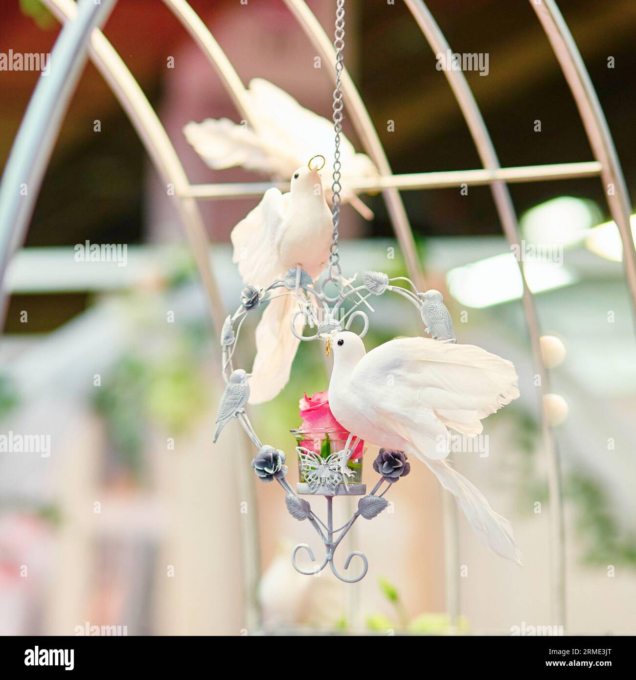 Beautiful decoration for a wedding reception - two white doves holding ...