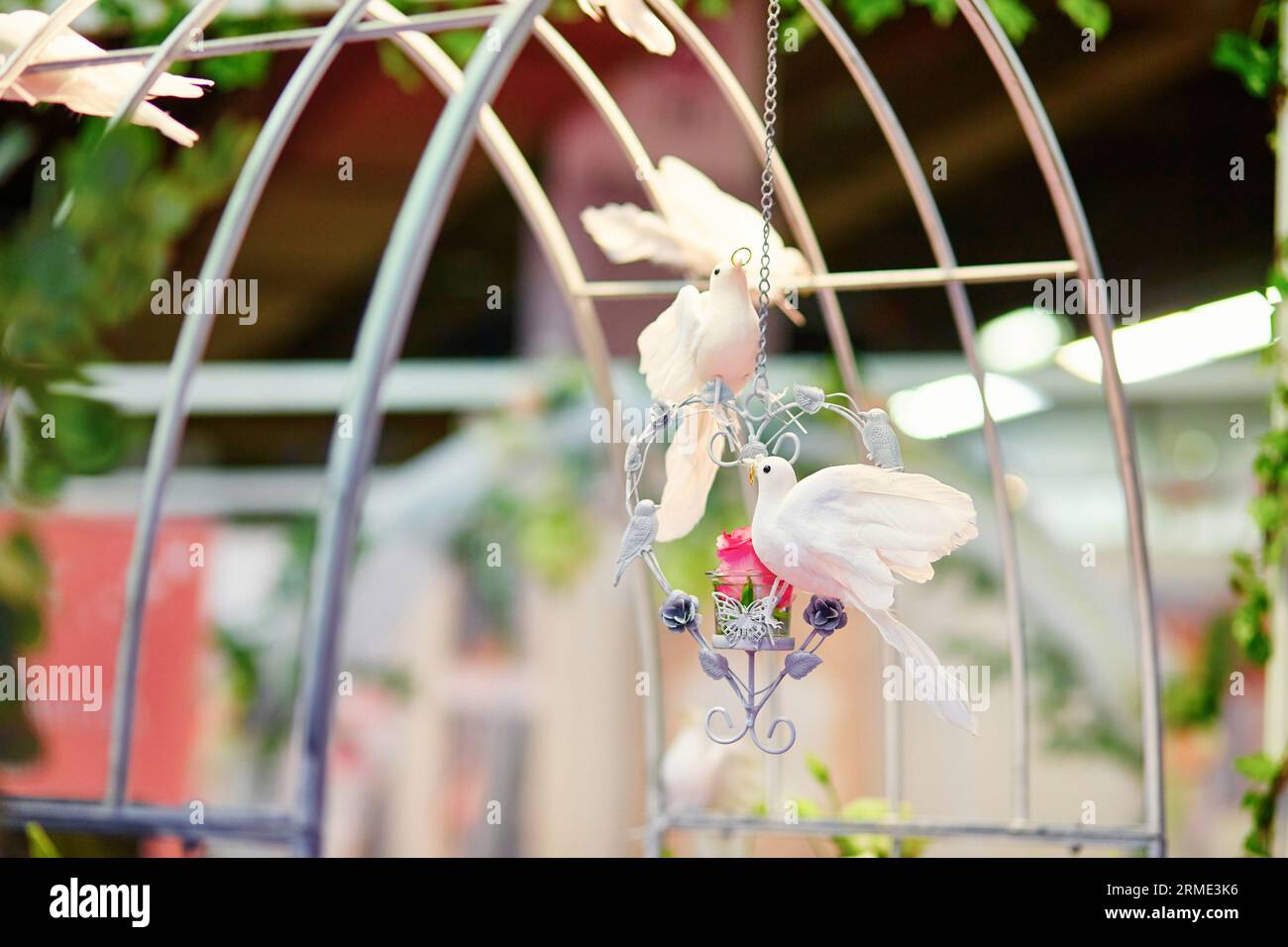 Beautiful decoration for a wedding reception - two white doves holding ...