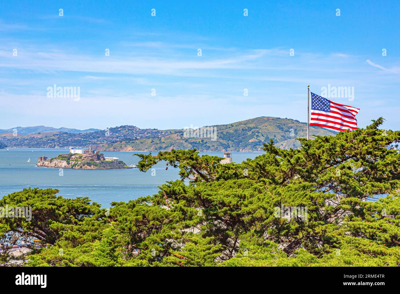 Alcatraz Island in San Francisco, USA. Ferry ship against Alcatraz ...