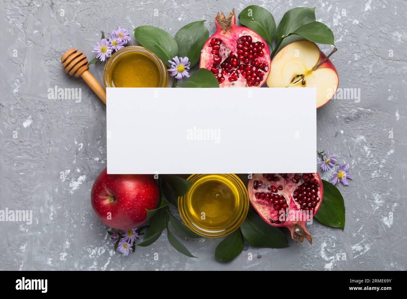 Flat lay composition with Blank flyer poster and symbols jewish Rosh ...