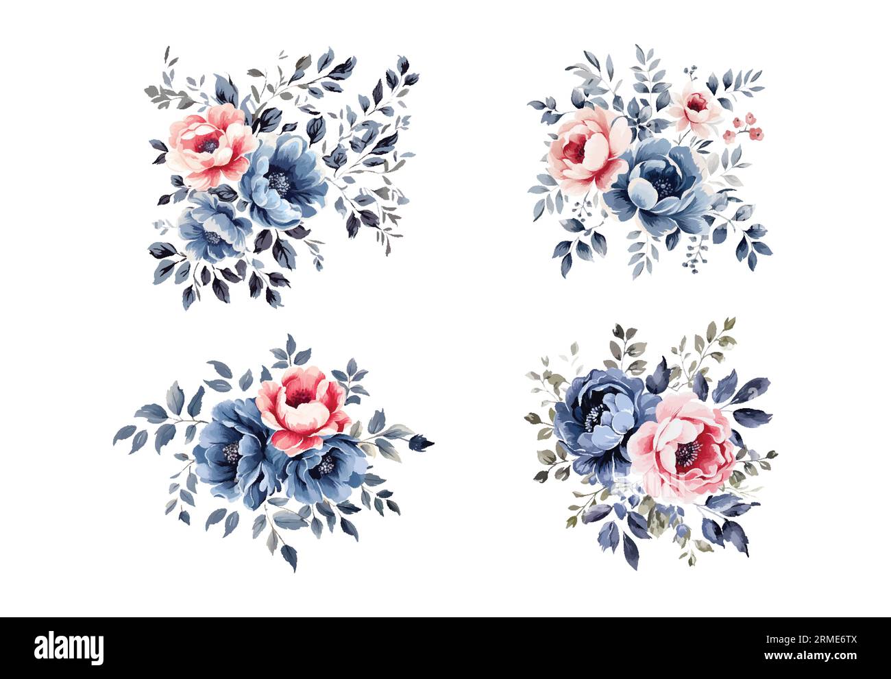 Watercolor blue and pink flowers set, vintage vector flowers collection ...