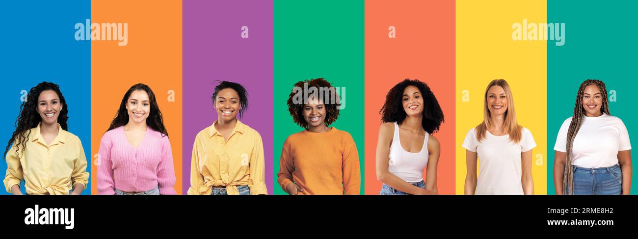 Optimistic multicultural women smiling on colorful studio backgrounds ...
