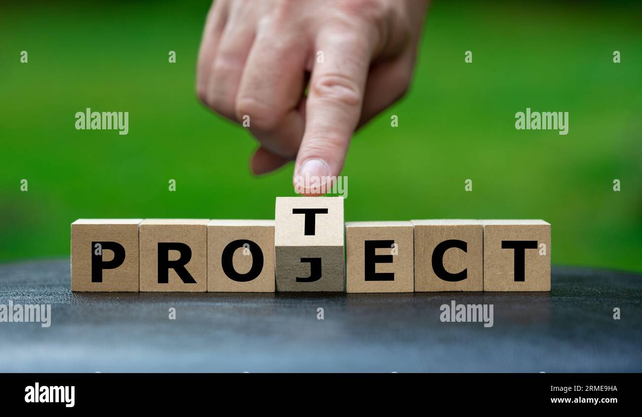 Wooden cubes form the words project and protect. Symbol for safety ...