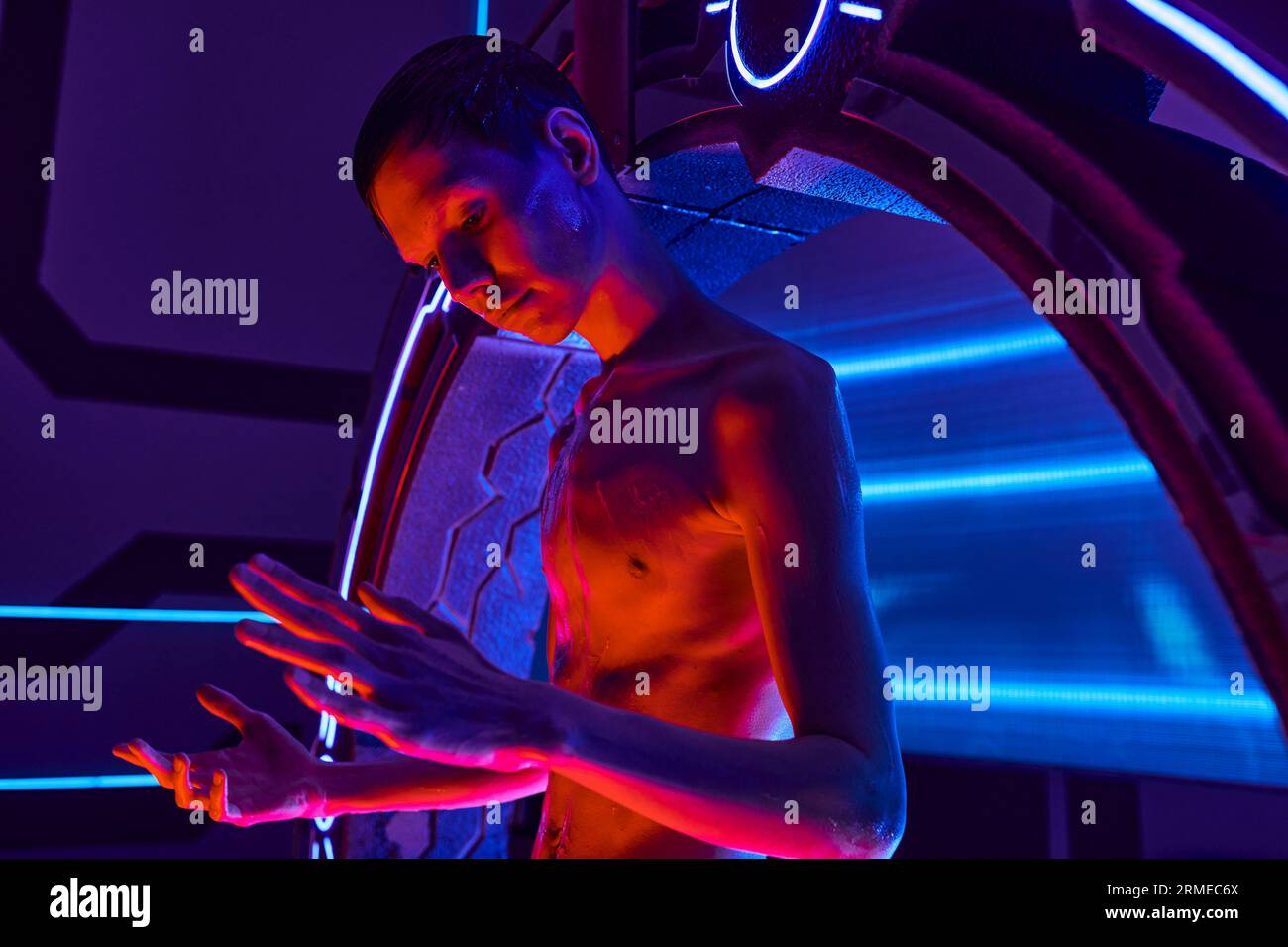 otherworldly creature, humanoid alien looking at hands near innovative ...