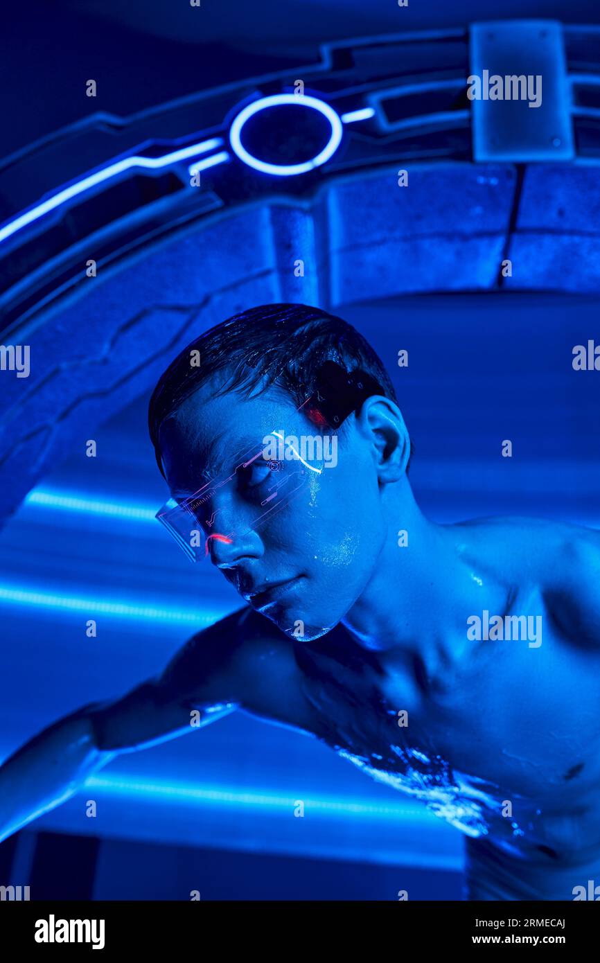 scientific breakthrough, alien in goggles looking out experimental ...