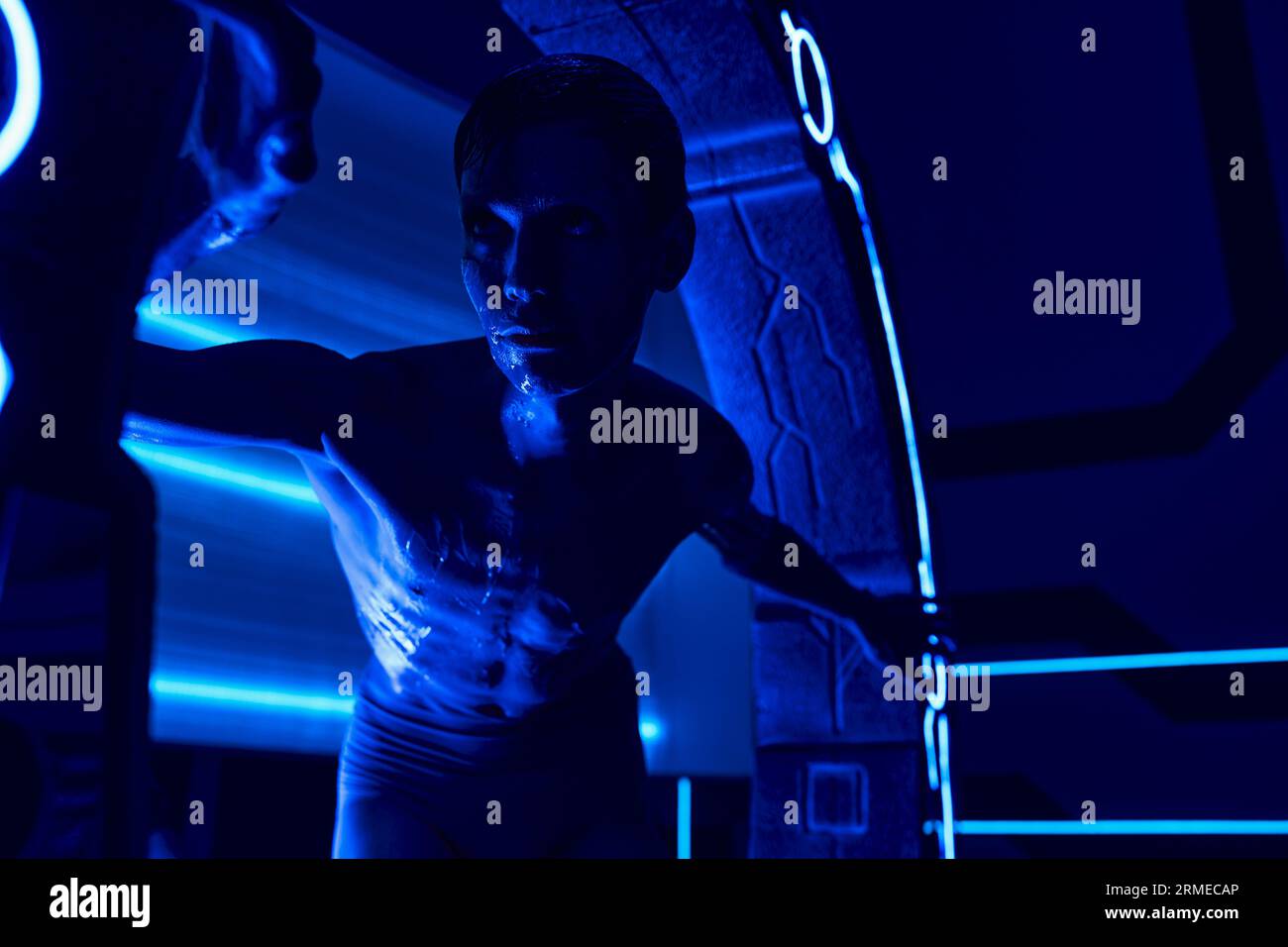 scientific breakthrough, humanoid alien looking out high-tech device in ...