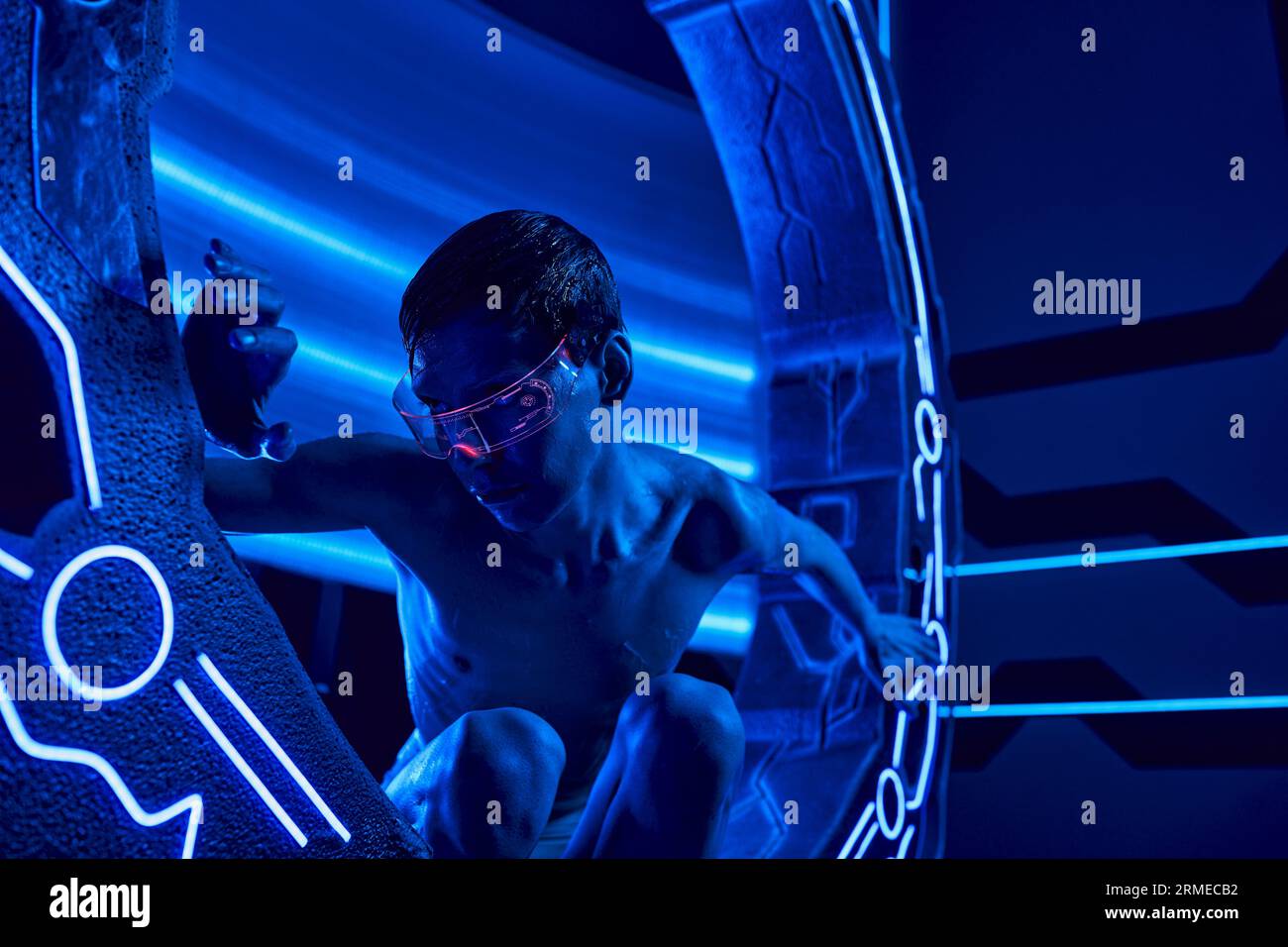 future science progress, extraterrestrial humanoid in goggles sitting ...