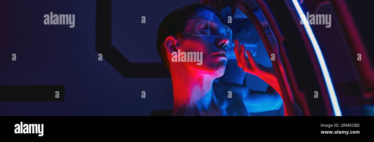 futuristic concept, humanoid alien in goggles inside innovative device ...