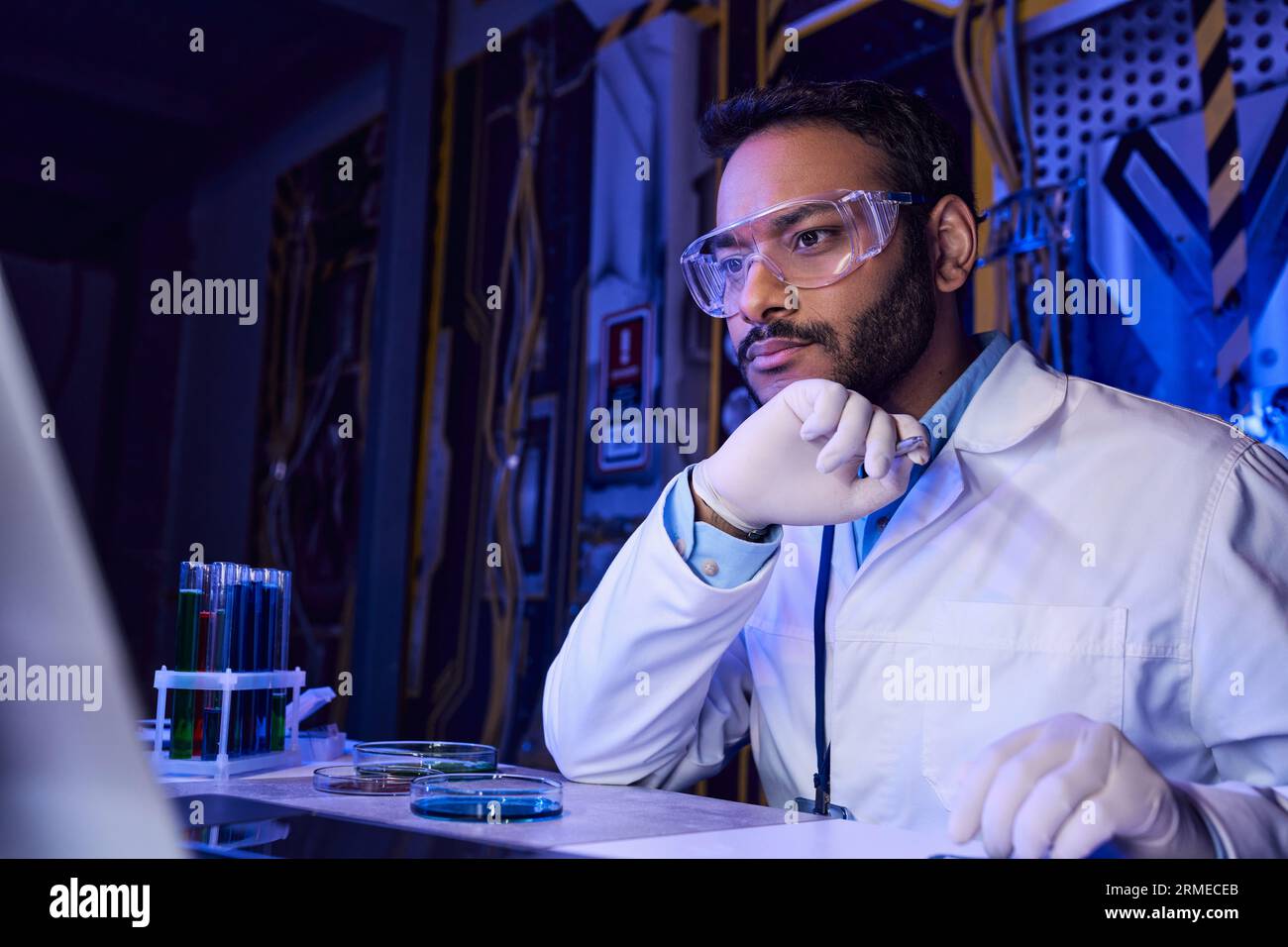 exploring alien life, indian scientist in goggles near petri dishes and ...