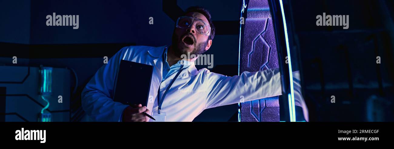 scared indian scientist screaming while putting hand into new device in ...