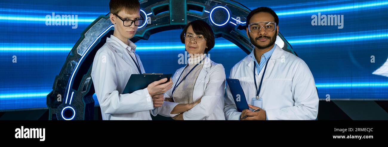 futuristic concept, creative multiethnic science team near new ...