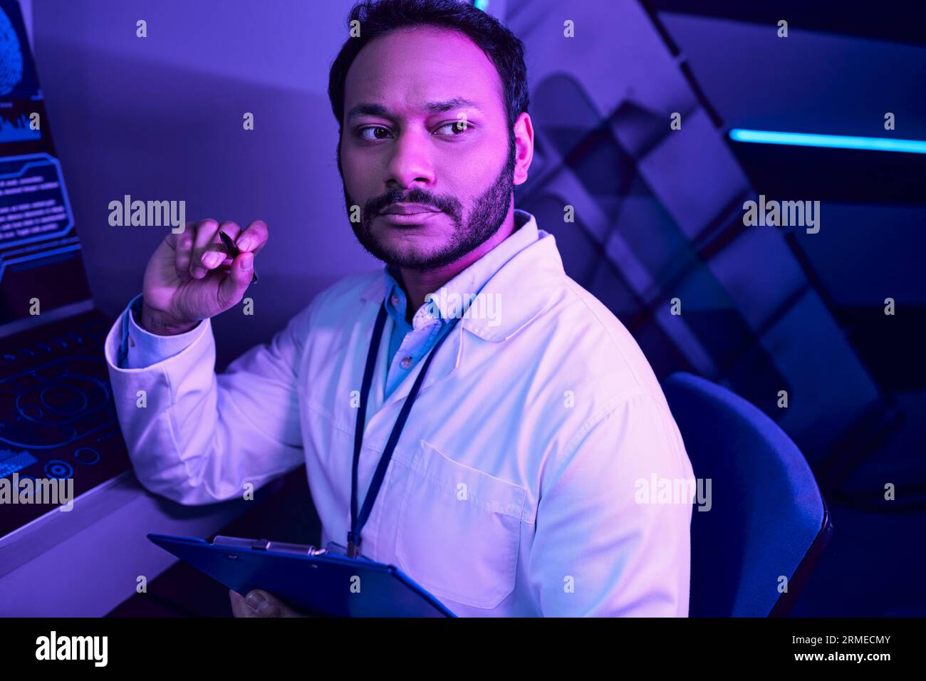 Futuristic Contemplation: Hindu Scientist Reflects Amid Neon Lights in ...