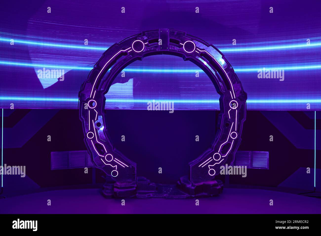 futuristic invention, space exploration, arch-shaped neon-lit device in ...