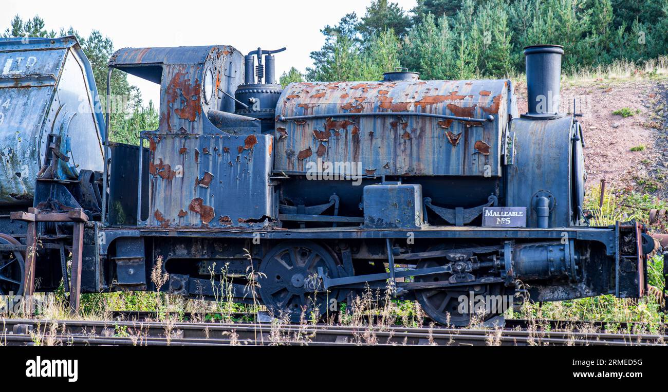 Malleable No.5 saddle tank steam engine with rusting blue paintwork ...