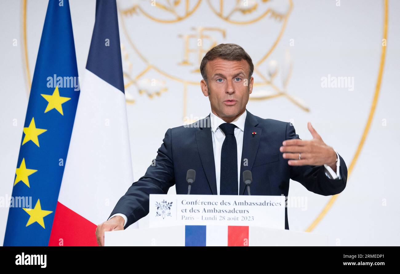 Paris, France. 28th Aug, 2023. French President Emmanuel Macron ...