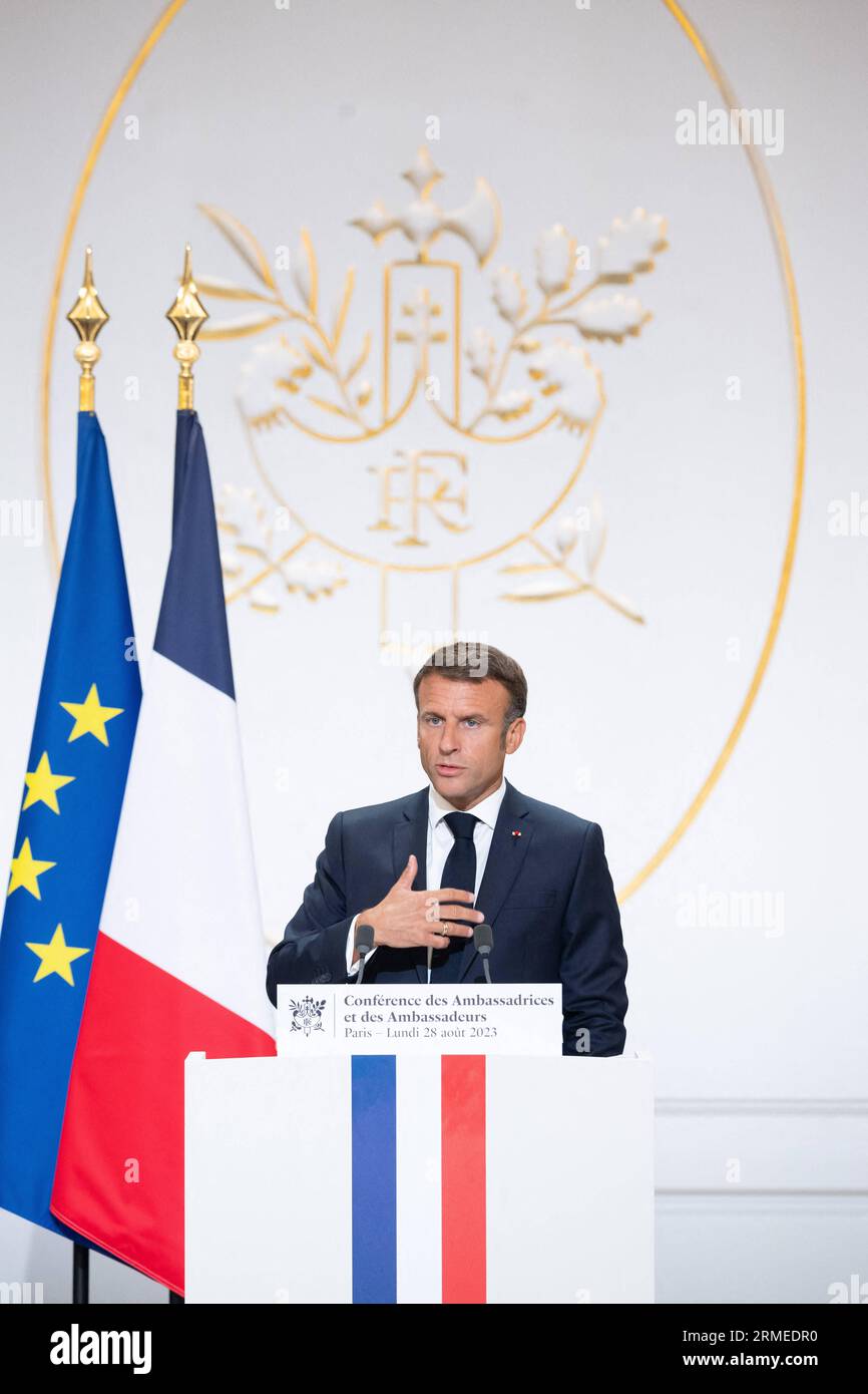 Paris, France. 28th Aug, 2023. French President Emmanuel Macron ...