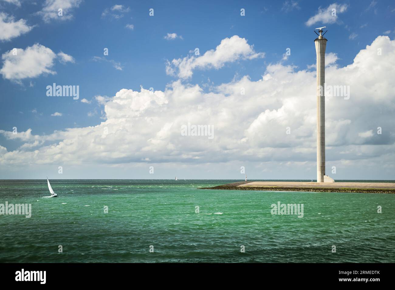 The 118 meter high radar tower is located on the breakwater of the work ...