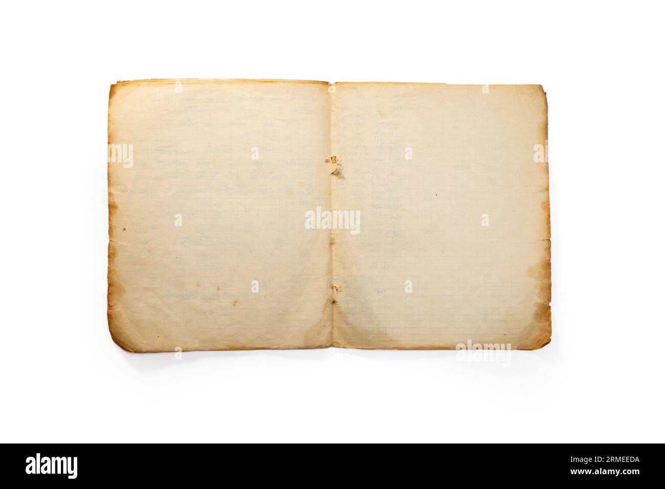 Very old, opened math notebook pages, paper texture isolated on white ...
